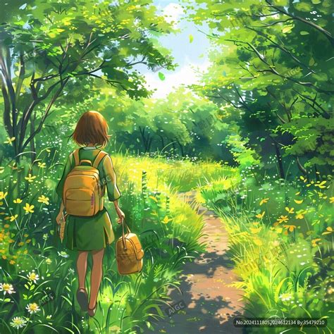 Ai创作图春之风影治愈系小插画 绿荫下的背影 郊游插画 手绘独自春游的小姑娘 森林里的小女孩插画 林中女孩背影 去踏青插画 场景插画植物少女 户外场景插画 森系女孩插画 踏青季手绘 治愈系儿插