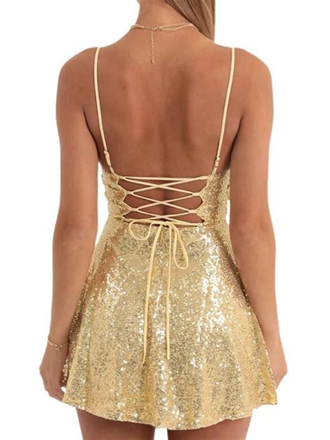 Sequin Backless Tie Up Mini Dress Golden Xl In Dresses Online