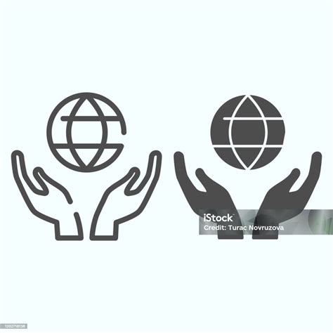 손 라인과 단색 아이콘에 지구 두 손 벡터 그림에 글로브 흰색에 격리 웹 및 응용 프로그램을 위해 설계된 지구 개요 스타일 디자인을 들고 손을 Eps 10 10에 대한 스톡