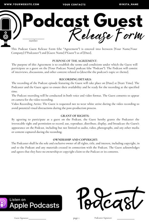 Podcast Agreement Podcast Guest Release Form Podcast Branding Etsy