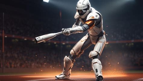Illustrate A Robotic Baseball Player With Advanced Technology Showcasing Sleek Robotic Limbs And
