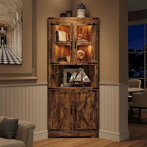 Qeetex 67 Inch Tall Corner Storage Cabinet With Lights Farmhouse Wooden