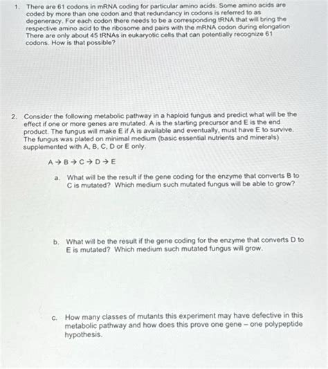Solved 1 2 There Are 61 Codons In MRNA Coding For Chegg Com
