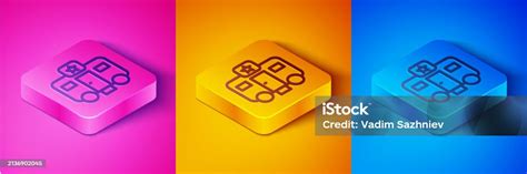 아이소 메트릭 라인 기계 트레일러 탈의실 배우 아이콘 분홍색과 주황색 파란색 배경에 고립되어 있습니다 영화 제작진 휴게실 별 잠자리 영화 차량 사각형 버튼 벡터 3차원