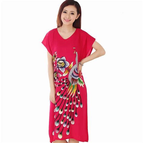 New Red Print Peacock Ladies Summer Home Dress Female Cotton Short