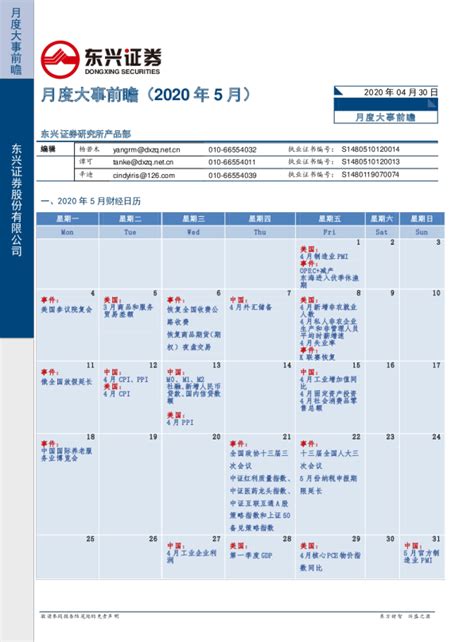 月度大事前瞻（2020年5月）