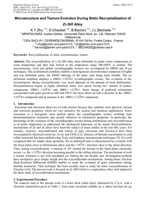 Microstructure And Texture Evolution During Static Recrystallization Of Zr 2hf Alloy