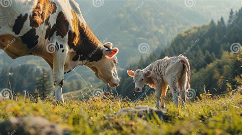 Adorable Little Calf Standing On Grassy Meadow Near Cow While Drinking