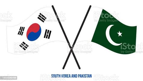 한국과 파키스탄 국기가 교차하고 평평한 스타일로 흔들립니다 공식 비율 올바른 색상 경제에 대한 스톡 벡터 아트 및 기타 이미지