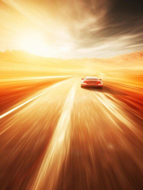A Red Car Driving On A Road With A Sunset In The Background Premium