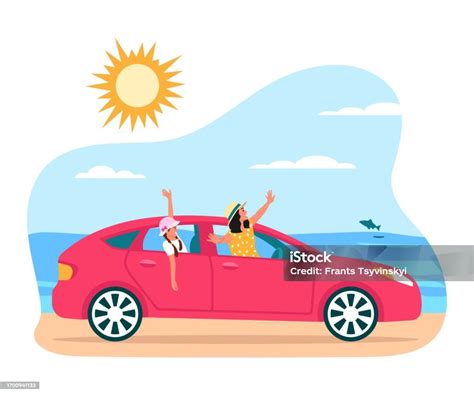 여름 방학을 가는 행복한 가족의 벡터 그림입니다 여자와 소녀가 빨간 차 돌고래가 있는 바다 태양과 하늘이 하얀 배경에 고립된 구름을 바라보는 만화 장면 차에 대한 스톡 벡터