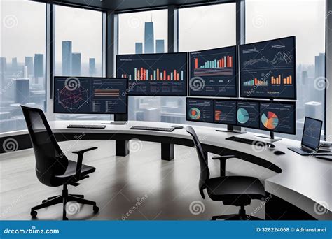 Modern Office Workspace With Multiple Monitors Analyzing Data In A High
