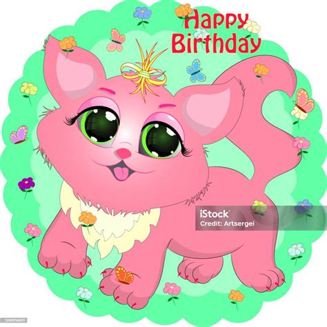 분홍색 고양이와 생일 인사말 카드입니다 만화 벡터 일러스트레이션 고양이 새끼에 대한 스톡 벡터 아트 및 기타 이미지 고양이