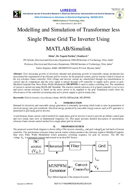 Pdf Modelling And Simulation Of Transformer Less Single Phase Grid