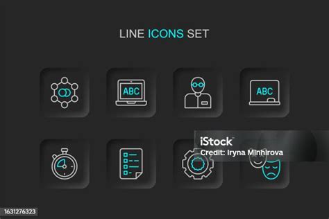 라인 코미디와 비극 마스크 기어 체크리스트가 있는 클립보드 스톱워치 칠판 교사 노트북 및 분자 아이콘을 설정합니다 벡터 Theatrical Performance에 대한 스톡