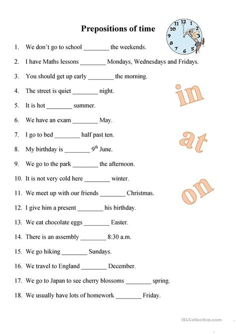 The Worksheet For Prepositions Of Time
