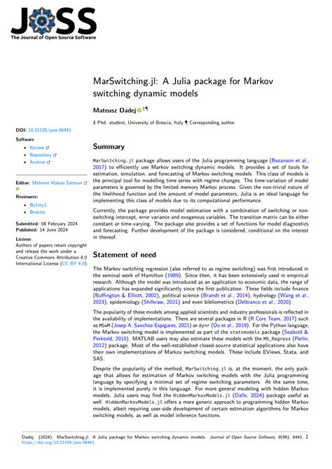 Pdf Marswitchingjl A Julia Package For Markov Switching Dynamic Models