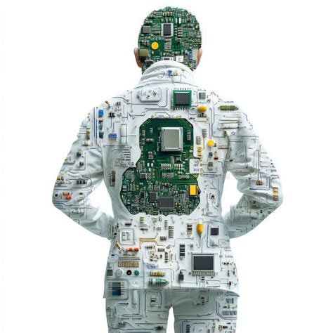 back view of a humanoid figure composed of computer components