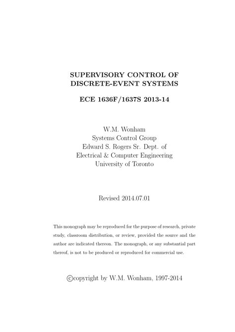 PDF Supervisory Control Of Discrete Event Systems Updated