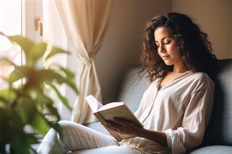 Pensive Relaxed Latin Woman Reading A Book At Home Drinking Coffee