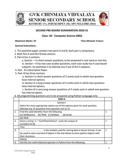 Gvkcv Computer Science083 Pre Board Sample Paper 2 Class 12 20 21
