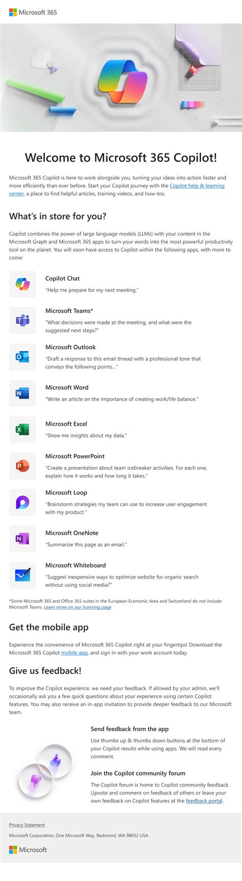 Microsoft 365 Copilot 歡迎電子郵件和意見反應 Microsoft Learn