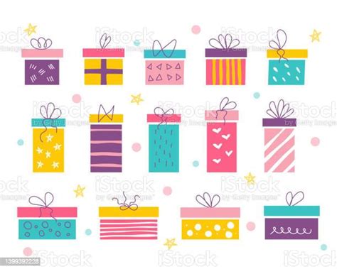 흰색 배경에 다양한 크기의 다채로운 선물 상자의 벡터 세트와 평평한 낙서 스타일의 활이 있습니다 어린이 방 장식 포스터 엽서 의류 및 인테리어 용품 개체 그룹에 대한 스톡