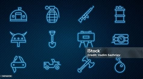 폭발 준비가 된 라인 폭탄 다이너마이트 및 타이머 시계 스코프가 있는 저격 소총 공병 삽 뿔 달린 헬멧을 쓴 바이킹 군사 막사 광산 및 수류탄 아이콘을 설정하십시오 벡터