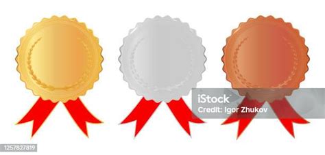무기와 빨간색 리본금 은메달 동메달 1위 2위 3위 메달 챔피언 보상 흰색 격리 된 배경에 스톡 벡터 그림 3차원 형태에 대한 스톡 벡터 아트 및 기타 이미지 Istock