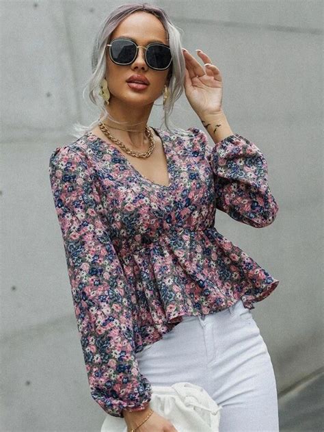 Lantern Sleeve Ditsy Floral Peplum Top Fashion Top Outfits Trendy