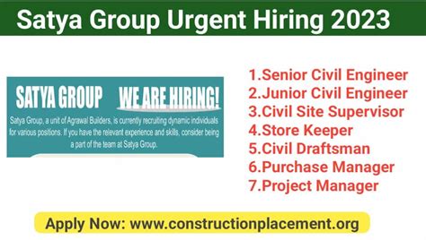 Satya Group Urgent Hiring 2023 Store Keeper Jobs Near Me Civil Site