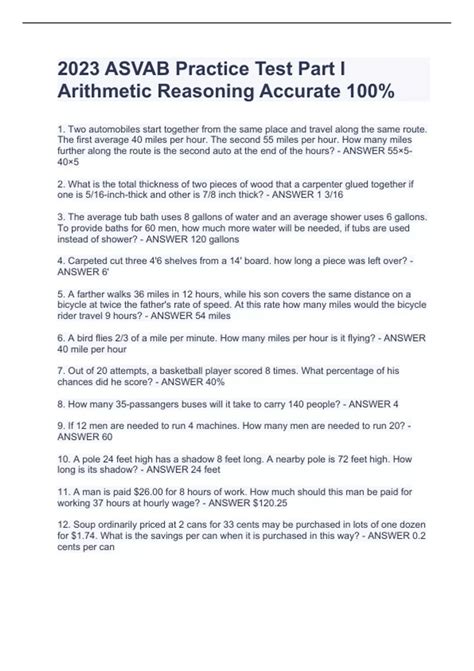 2023 Asvab Practice Test Part I Arithmetic Reasoning Accurate 100 Asvab Stuvia Us