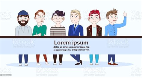 젊은 캐주얼의 그룹 또는 복사 공간 배너에 대 한 최신 유행 옷 백그라운드로 Hipster 남자 가득 찬에 대한 스톡 벡터 아트