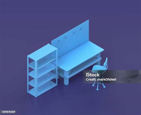 파란색 배경의 워크벤치 플랫 컬러 작업 공간 3d 렌더링이 있는 등색 단일 컬러 워크샵 Diy에 대한 스톡 사진 및 기타 이미지 Diy 건설 장비 고체 Istock