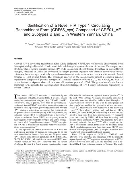 Pdf Genome Sequence Of A Novel Hiv 1 Circulating Recombinant Form
