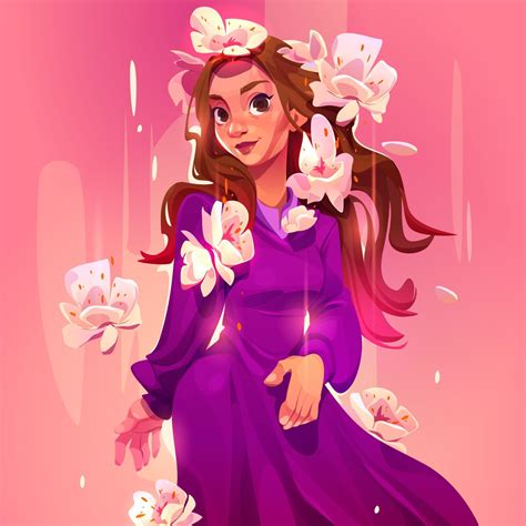 Cartoon Girl With Brown Hair In Long Purple Dress 13133823 Vector Art