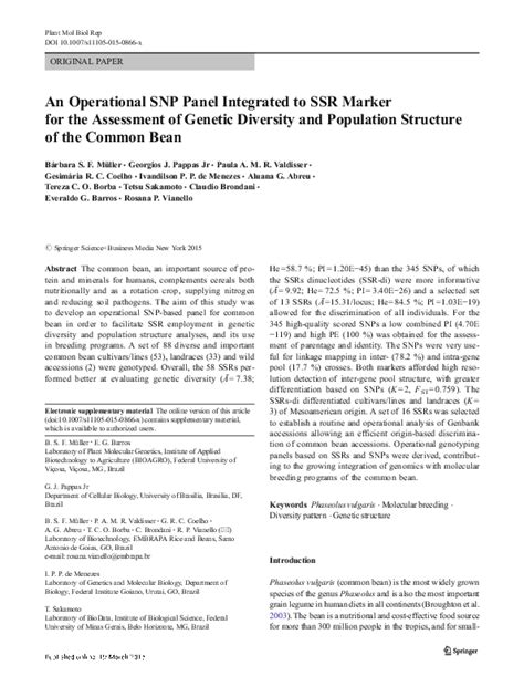 Pdf An Operational Snp Panel Integrated To Ssr Marker For The Assessment Of Genetic Diversity