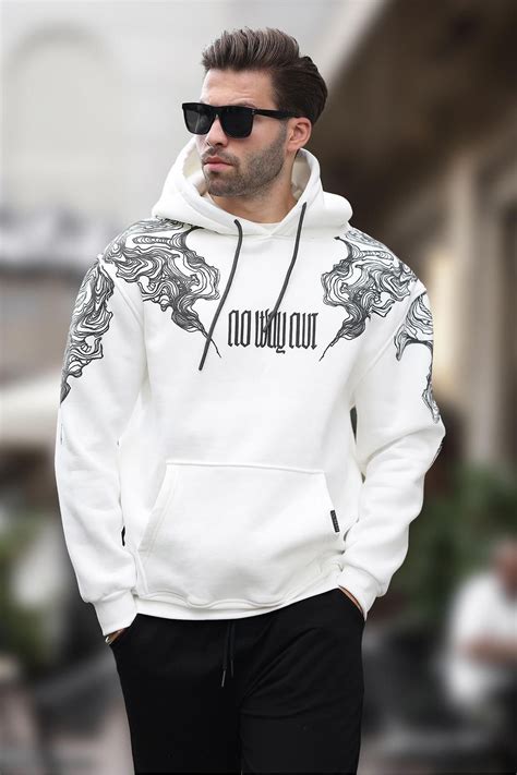 Madmext Ekru Kapüşonlu Cep Detaylı Baskılı Erkek Sweatshirt 7052