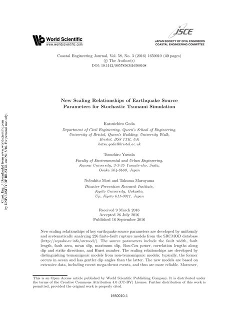 Pdf New Scaling Relationships Of Earthquake Source Parameters For Stochastic Tsunami Simulation