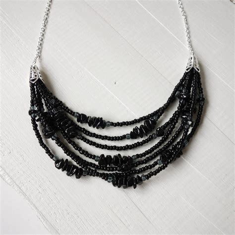 Beaded Bib Necklace Black Seed Beads Stones Multi Stranded Etsy