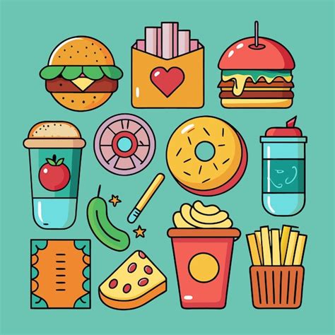 Premium Vector Colorful Cartoon Fast Food Icons On Blue Background