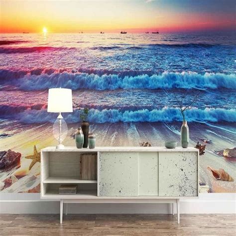 Papier Peint D Paysage de vagues de l océan au coucher du soleil Photo