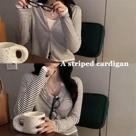다니르엘 당일 가을신상🤎여리핏 부드러운 데일리한 스트라이프 크롭 니트가디건간절기옷 슬림핏 키작녀룩 레이어드 슬리브리스 줄무늬 단가라 겨울긴팔티상의 수학여행 대학생룩