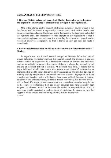 10 Task Performance None CASE ANALYSIS BLUEBAY INDUSTRIES Give One