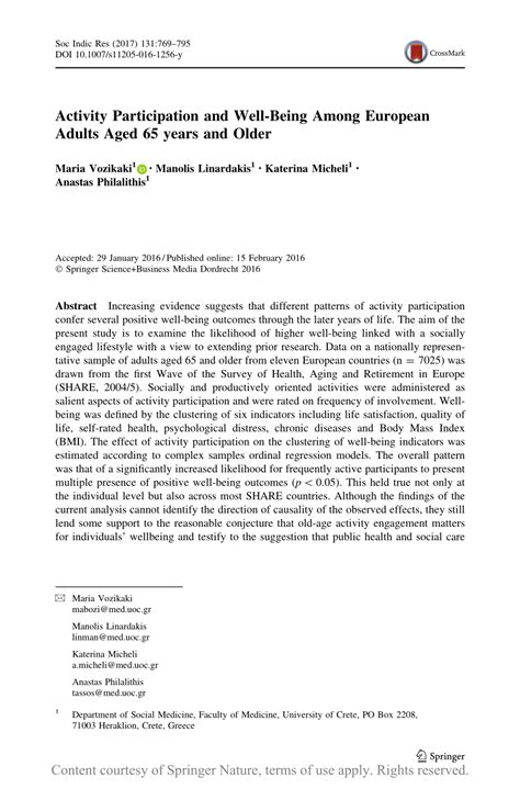 Activity Participation And Well Being Among European Adults Aged 65