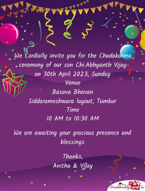 We Cordially Invite You For The Chudakarma Ceremony Of Our Son Chi