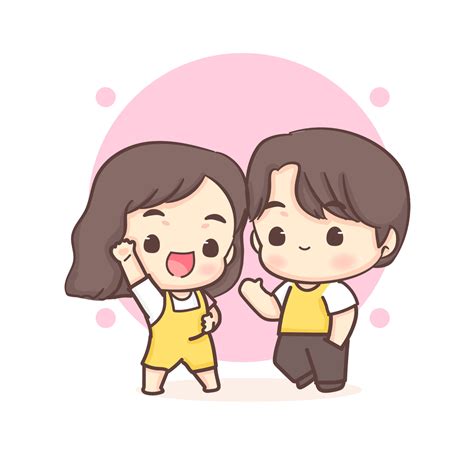 Cute Lovers Couple Greeting Pose Happy Valentine Chibi Cartoon