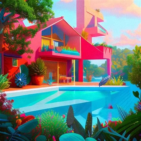 ai art generator david hockney bright colors different lines houses