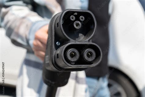 Woman Holding Ccs Fast Charging Socket Type 2 Combined Charging System