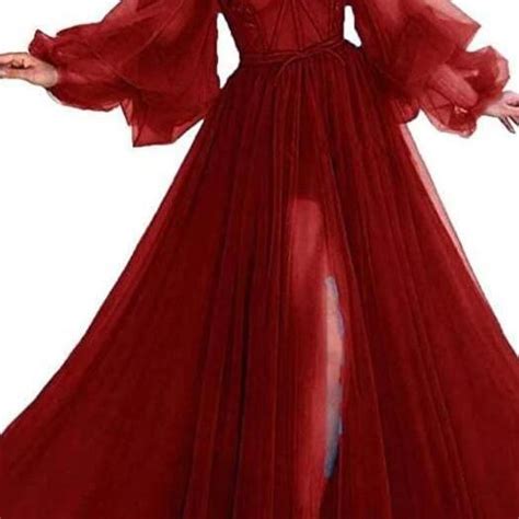 Sexy Wine Red Tulle Long Sleeve Evening Dress On Luulla